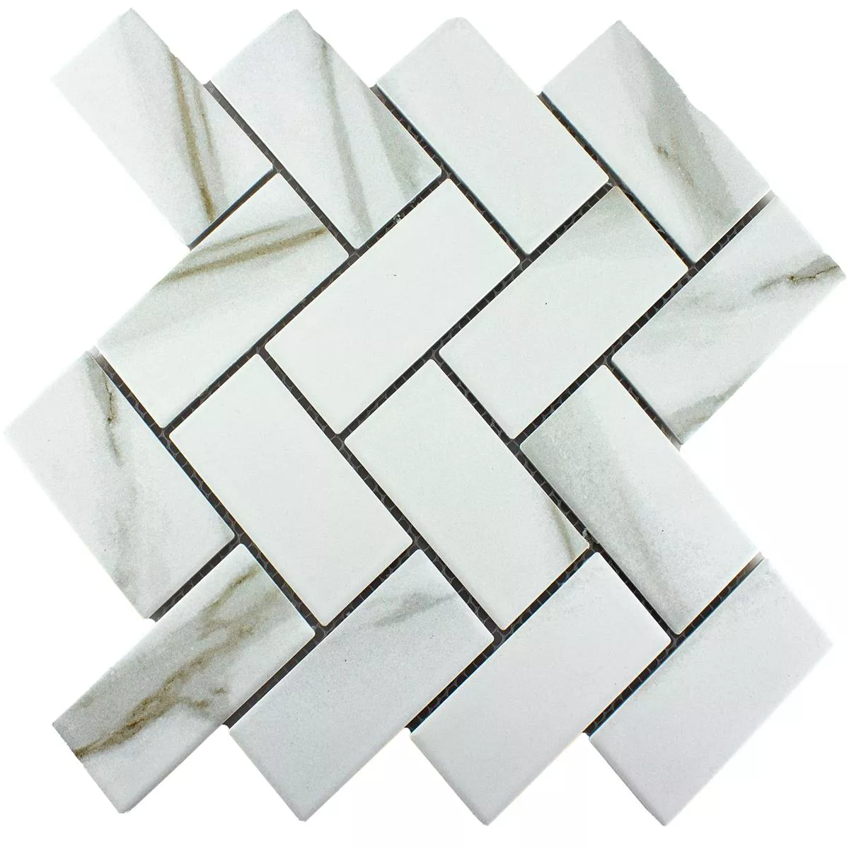Keramik Mosaik Fliser Fernley Fish Bone Sten Optik Calacatta